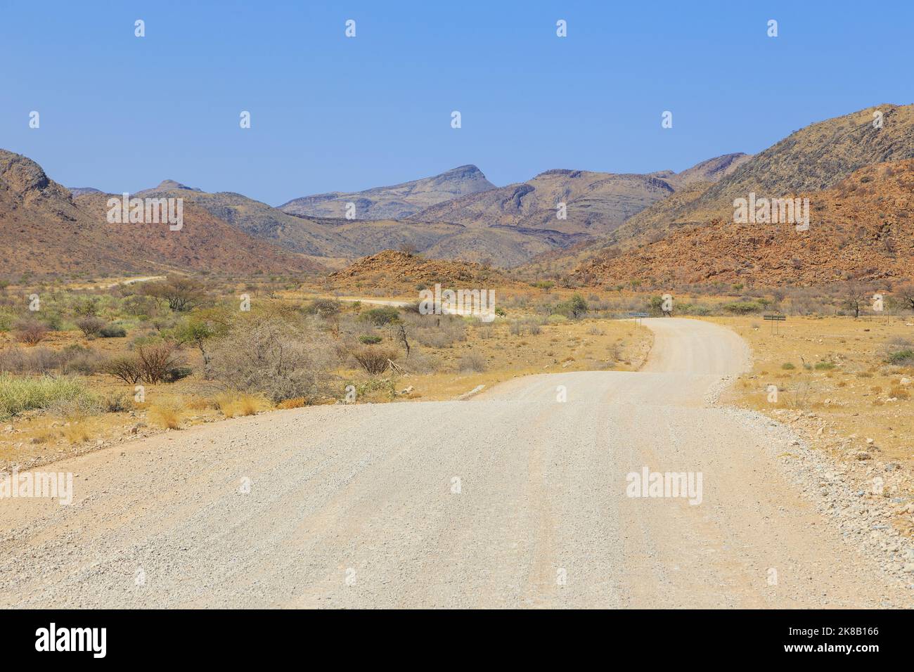 Namibian landscape along the gravel road. Yellow ground and African ...