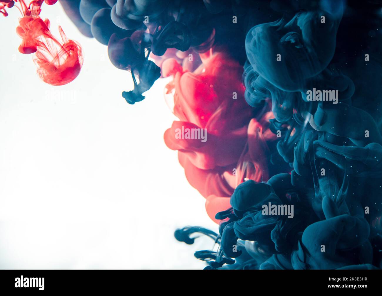 Red and blue acrylic inks in water making abstract background with ...