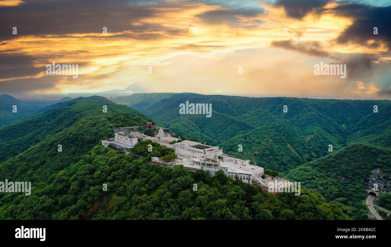 aerial drone orbiting shot showing the famous landmark chulgiri jain ...