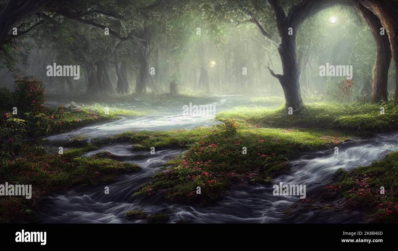 Fantasy fairy-tale magical forest, sunny evening light through the ...