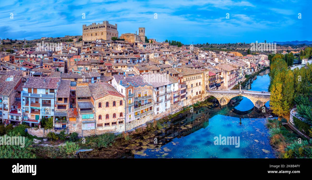Aerial view of the town of Valderrobres with its bridge and its castle ...