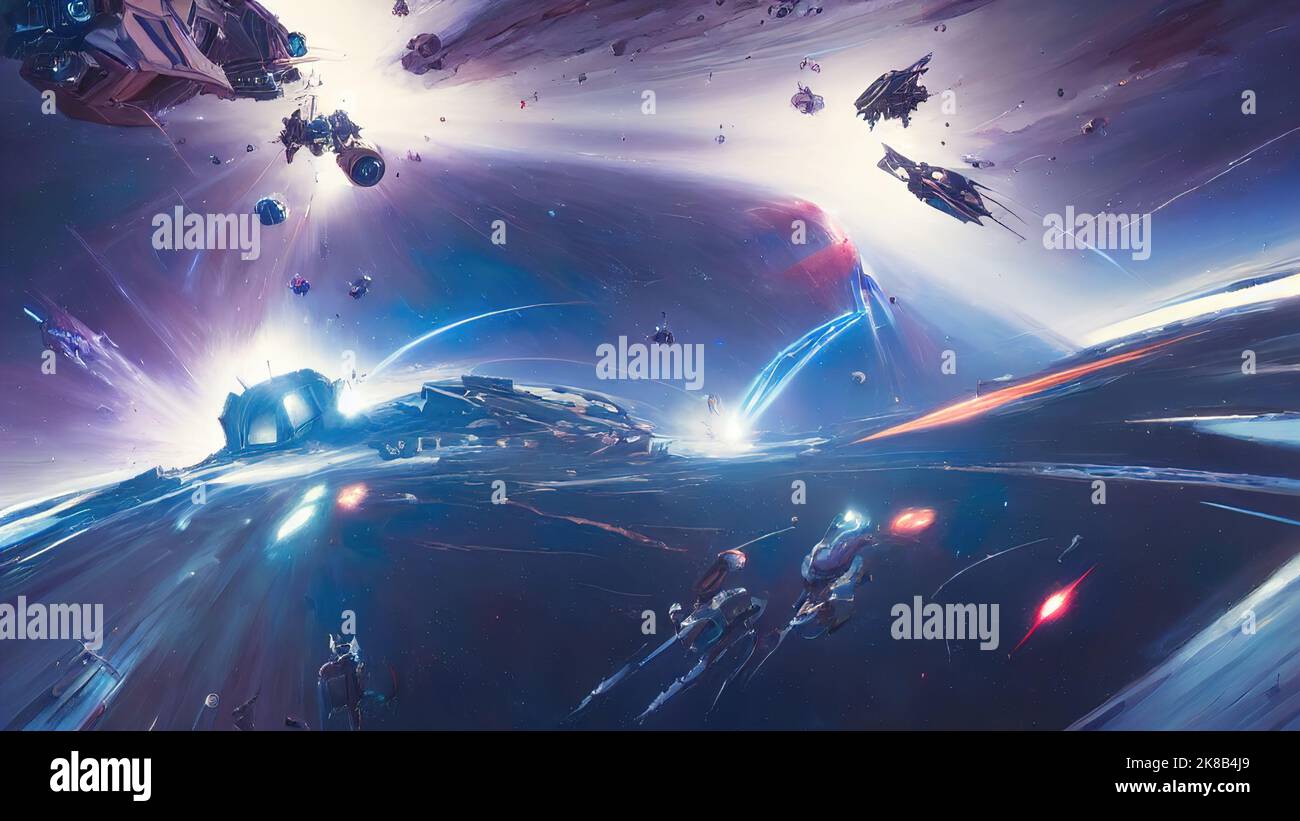 Space battle, spaceships are fighting, shooting from laser guns ...