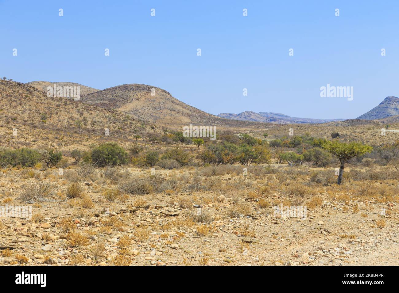Namibian landscape. African savannah during a hot day. Mountain in the ...