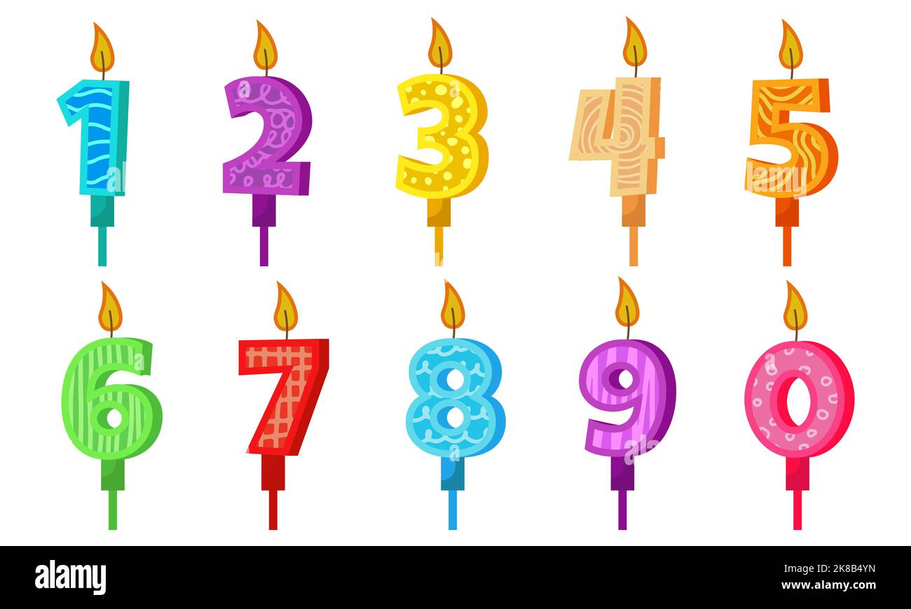 Birthday candles with numbers and fire. Set colored icons for ...