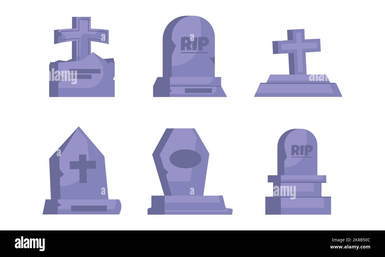 Set icon cartoon headstones or tombstone for grave. Collection death gravestone for cemetery and ...