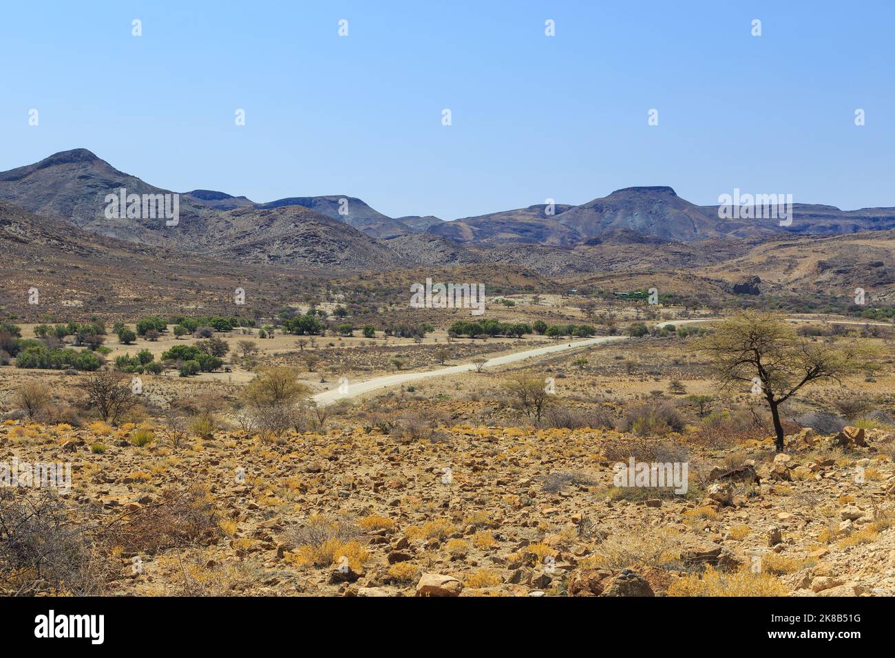Namibian landscape. African savannah during a hot day. Mountain in the ...