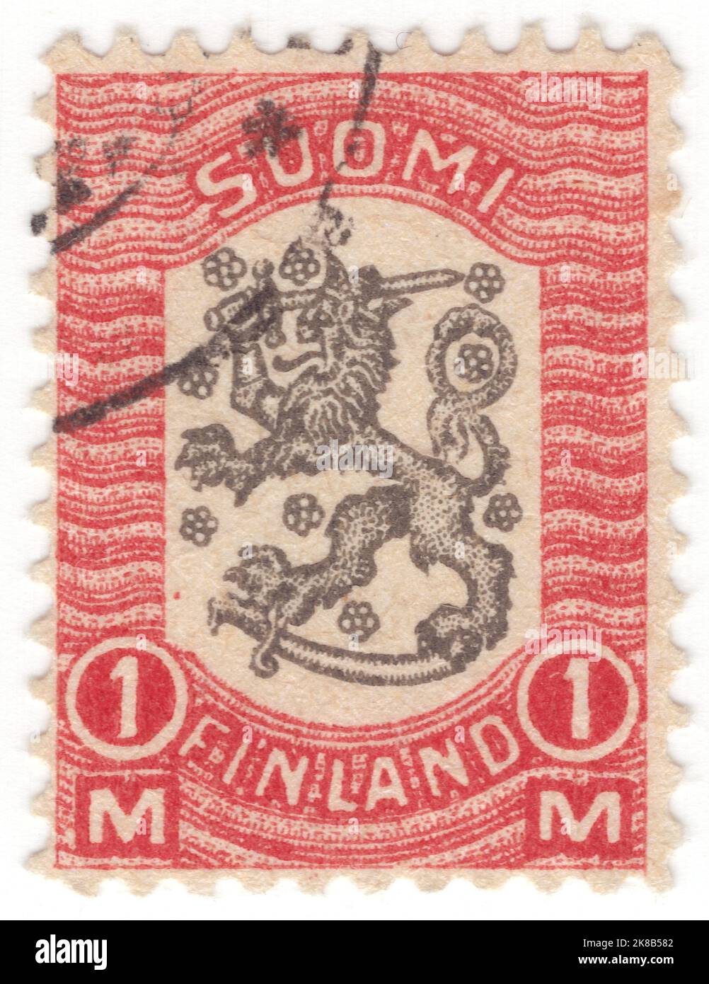 FINLAND - 1918: An 1 marka red and grey postage stamp depicting Finnish ...