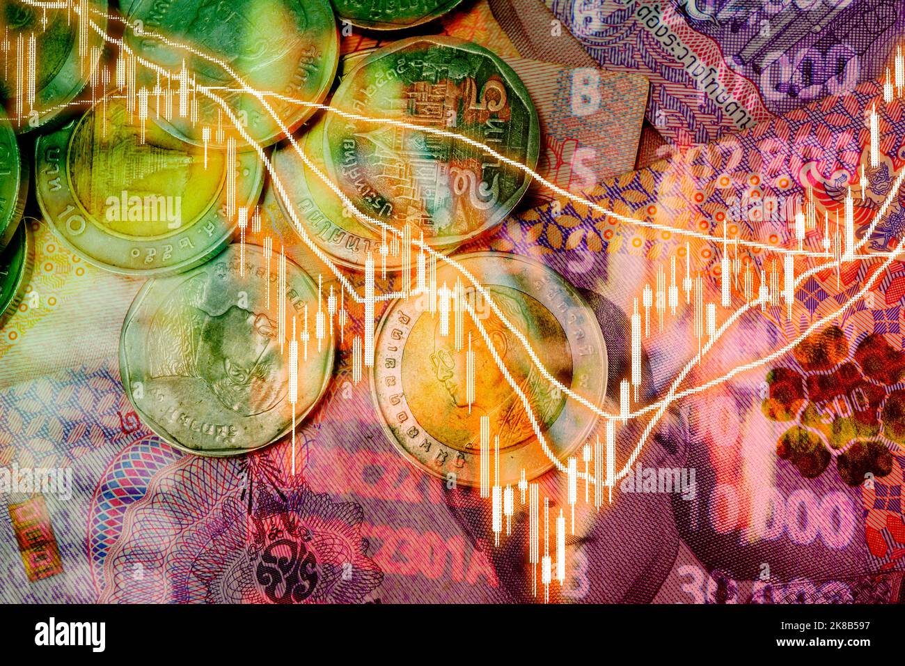 Multiple exposure of graph, Thai money, banknotes and coins, business ...