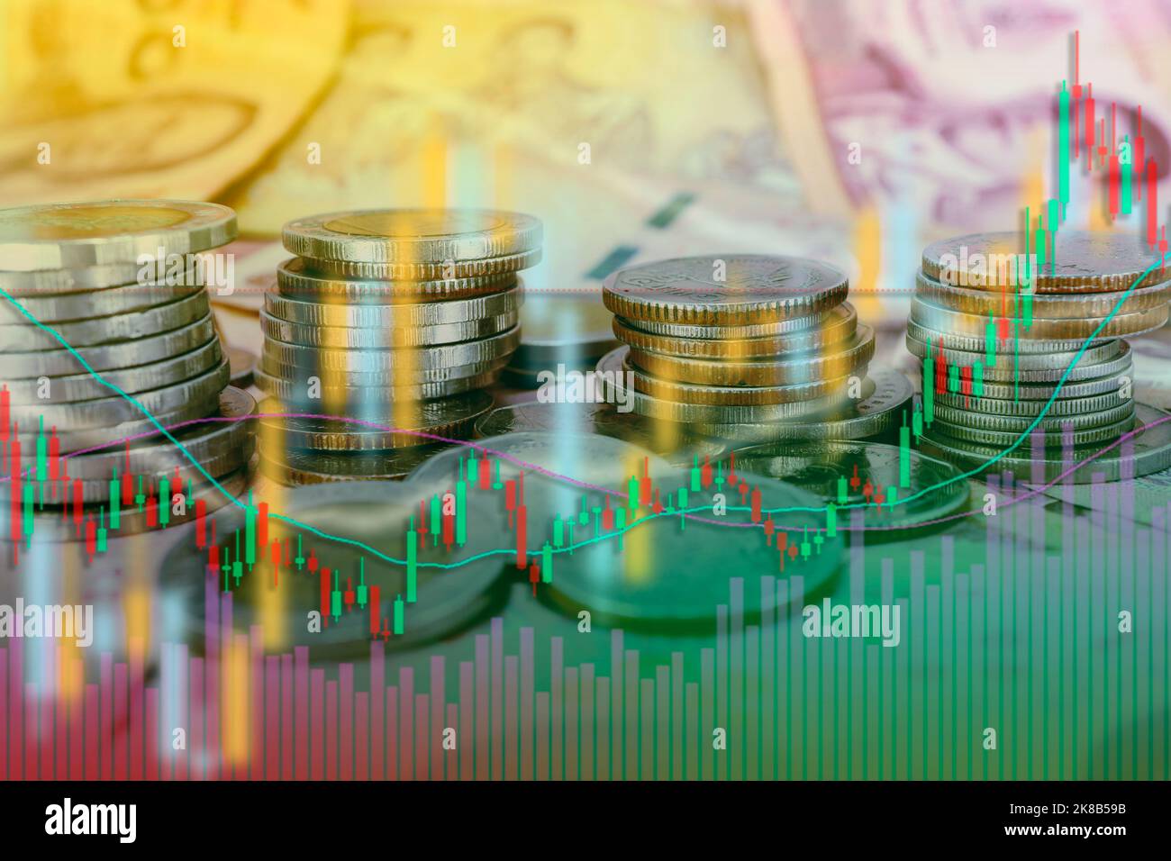 Multiple exposure of graph, Thai money, banknotes and coins, business ...