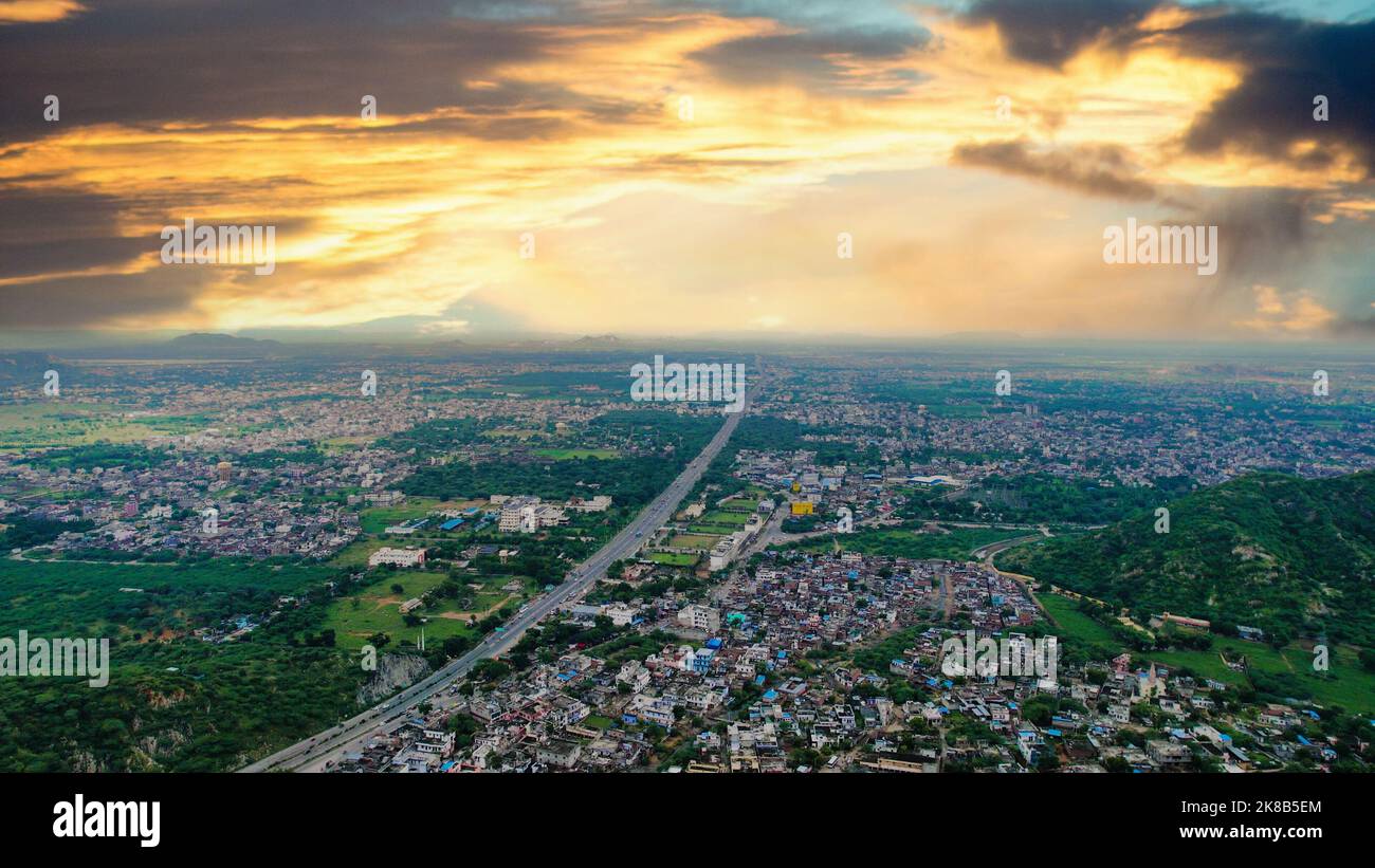 aerial drone shot decending flying forward over rural small town with ...
