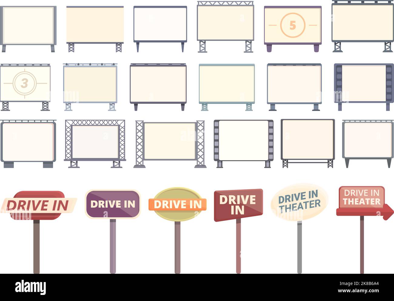 Drive-in cinema icons set cartoon vector. Movie drive. Auto car Stock ...