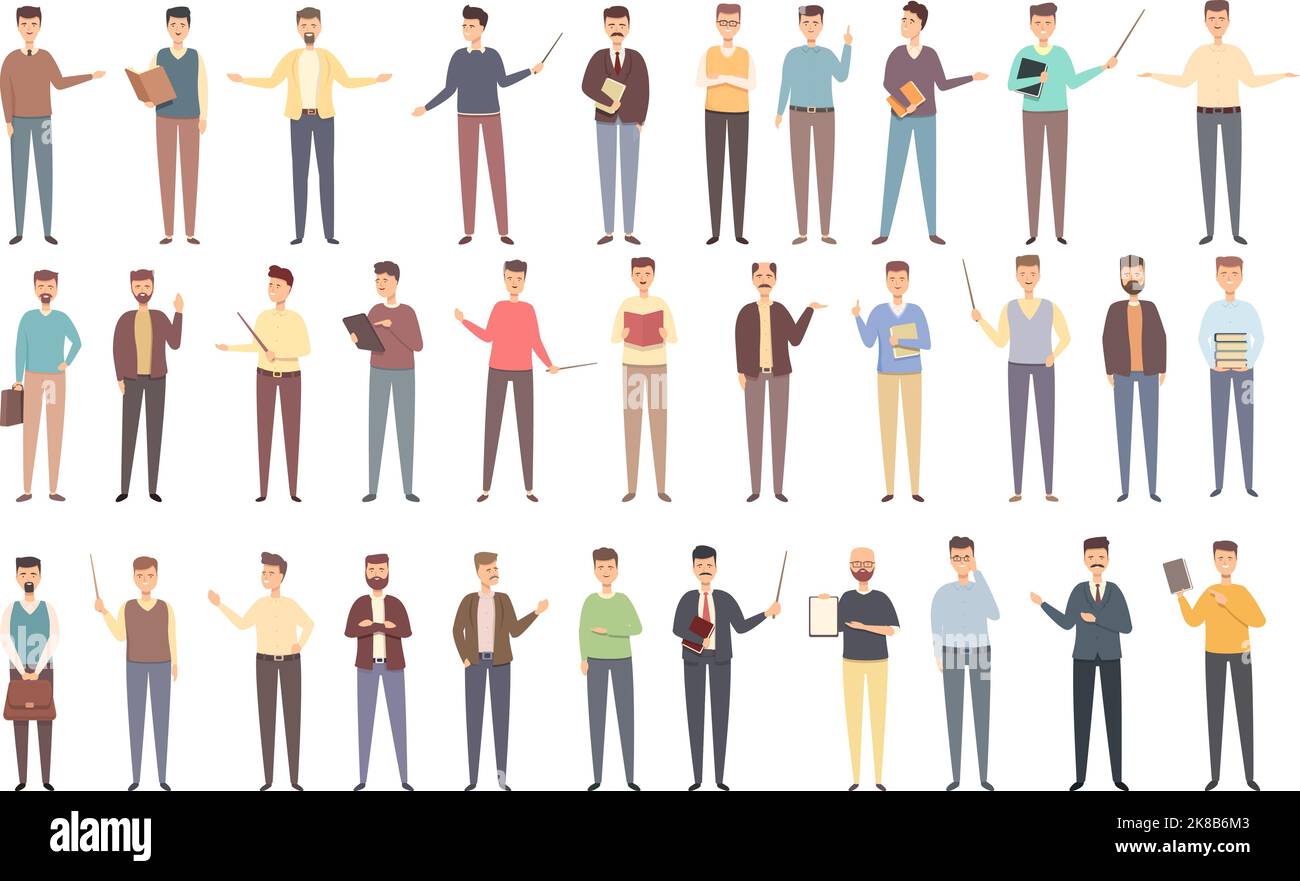 Male teacher icons set cartoon vector. Man lecture. Old professor Stock ... Male teacher icons set cartoon vector. Man lecture. Old professor Stock ...
