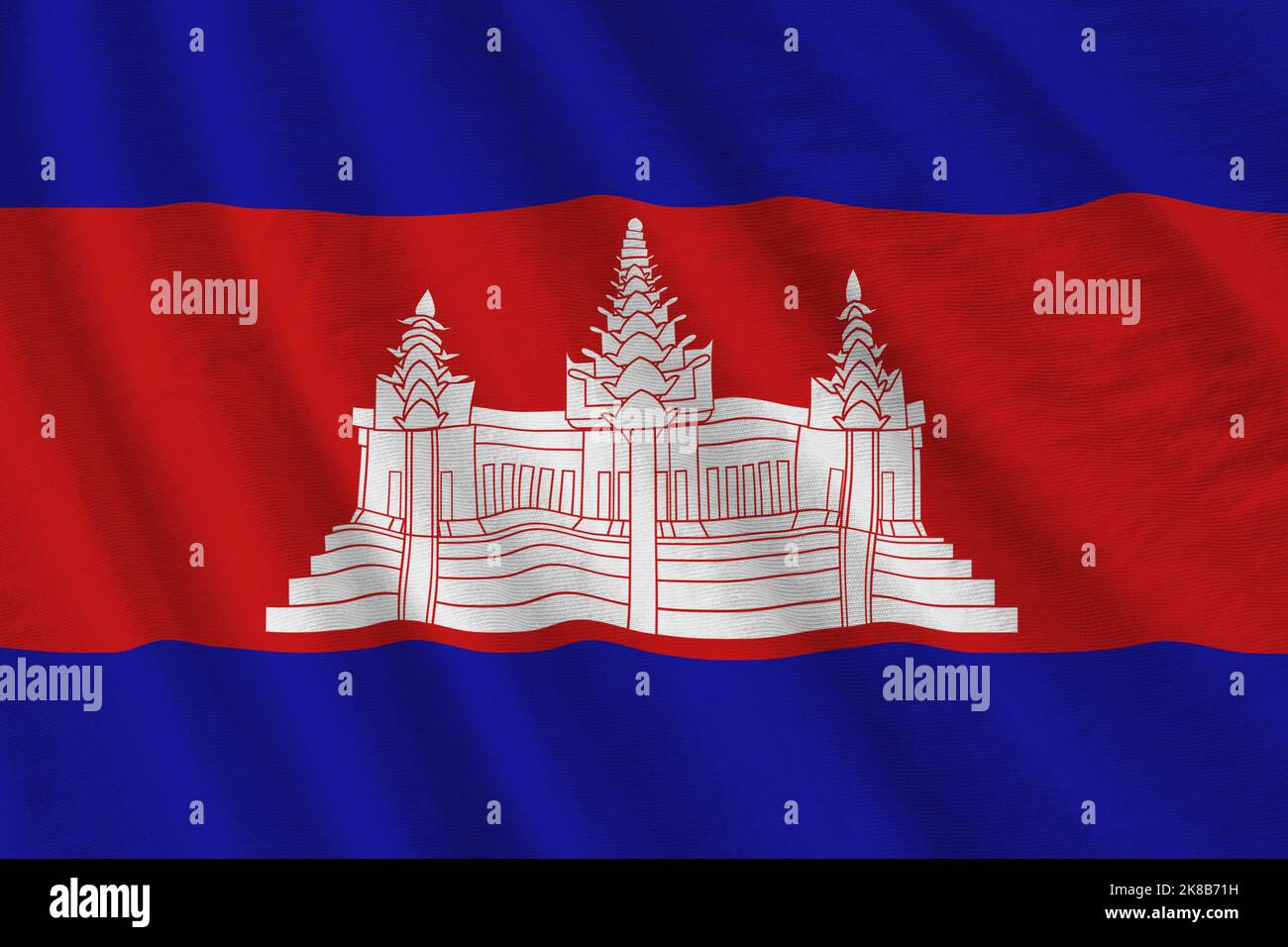 Cambodia flag with big folds waving close up under the studio light ...