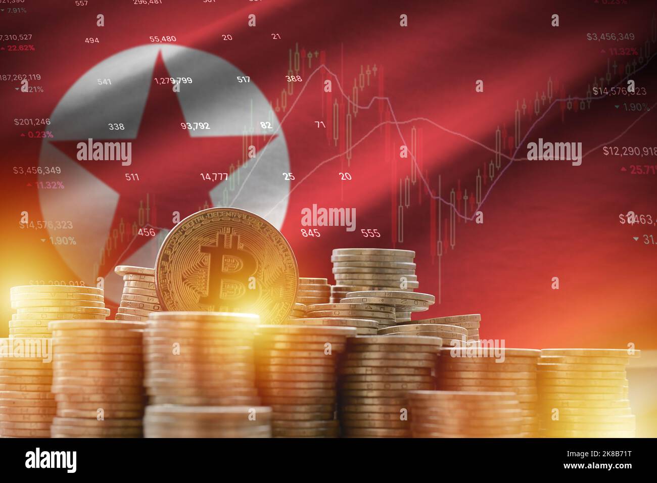 North Korea flag and big amount of golden bitcoin coins and trading ...