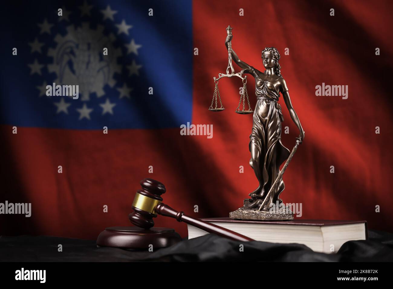 Myanmar flag with statue of lady justice, constitution and judge hammer ...