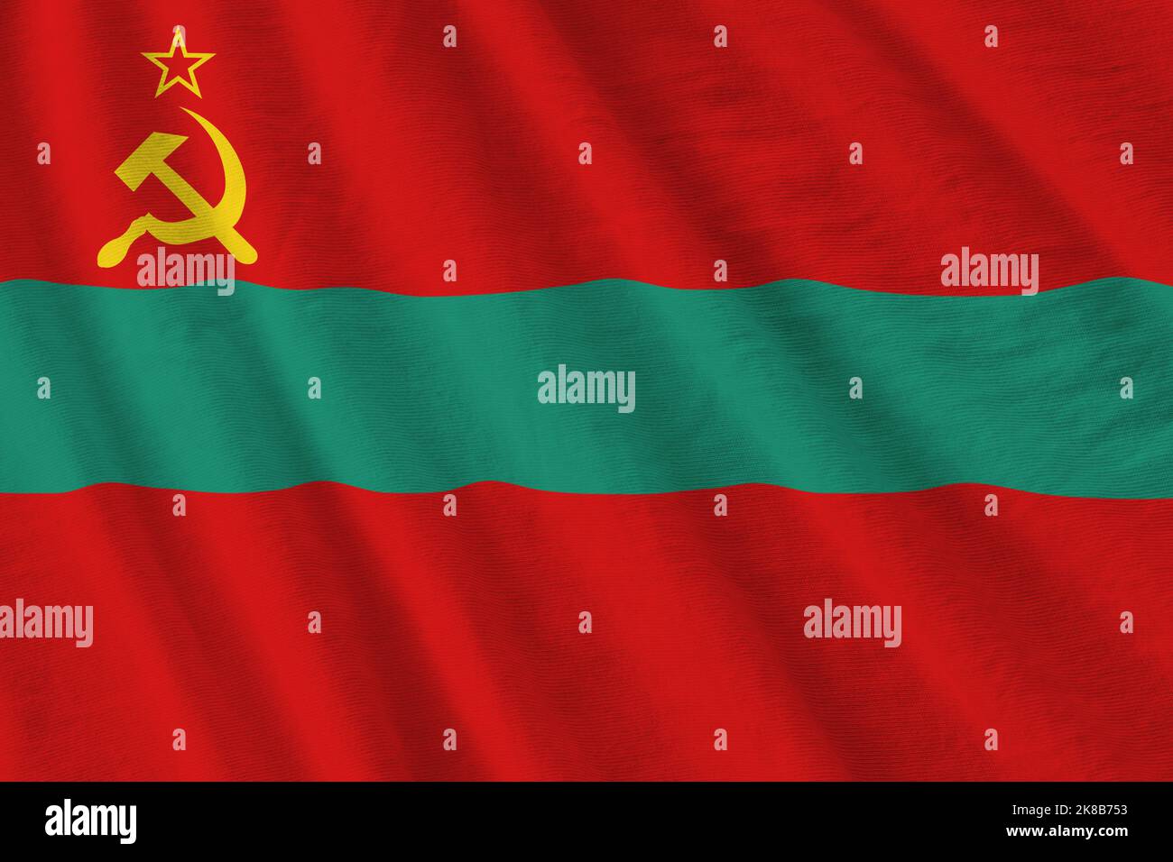 Transnistria flag with big folds waving close up under the studio light ...
