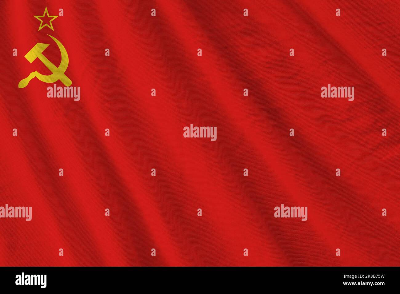 Soviet Union flag with big folds waving close up under the studio light ...