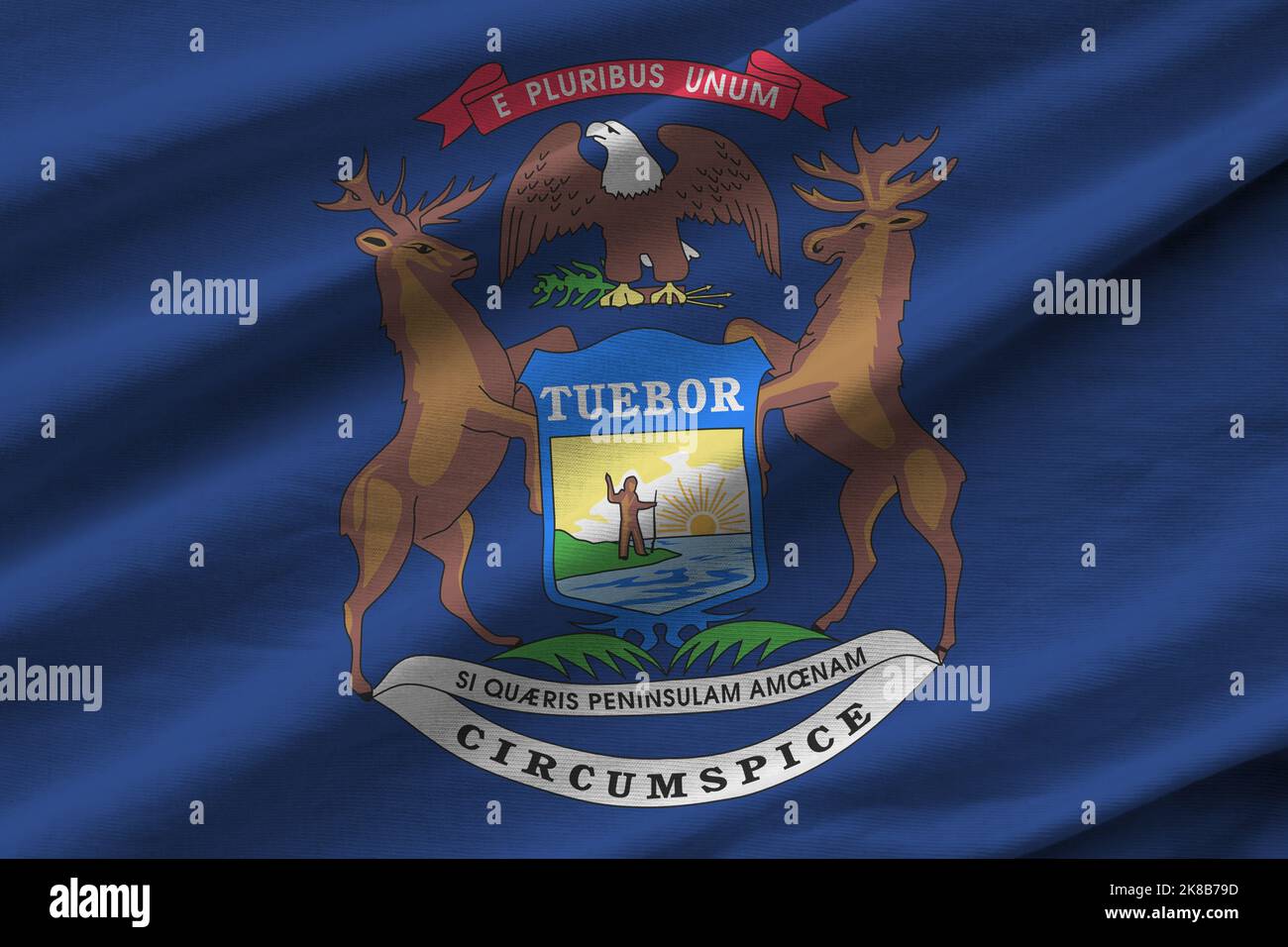 Michigan US state flag with big folds waving close up under the studio ...