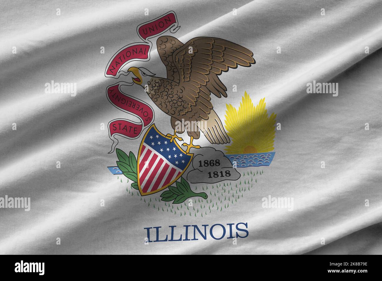 Illinois US state flag with big folds waving close up under the studio ...