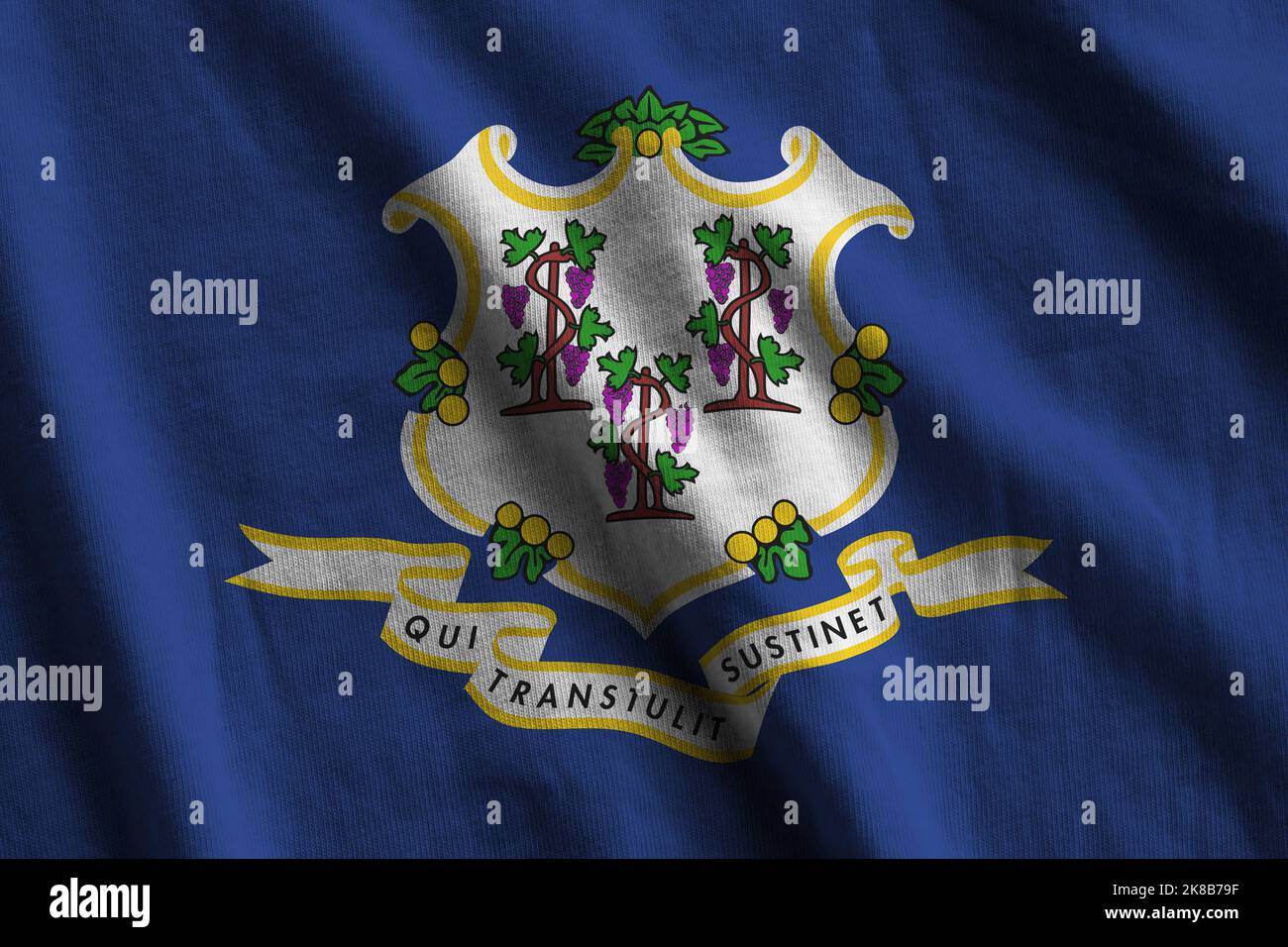 Connecticut US state flag with big folds waving close up under the ...