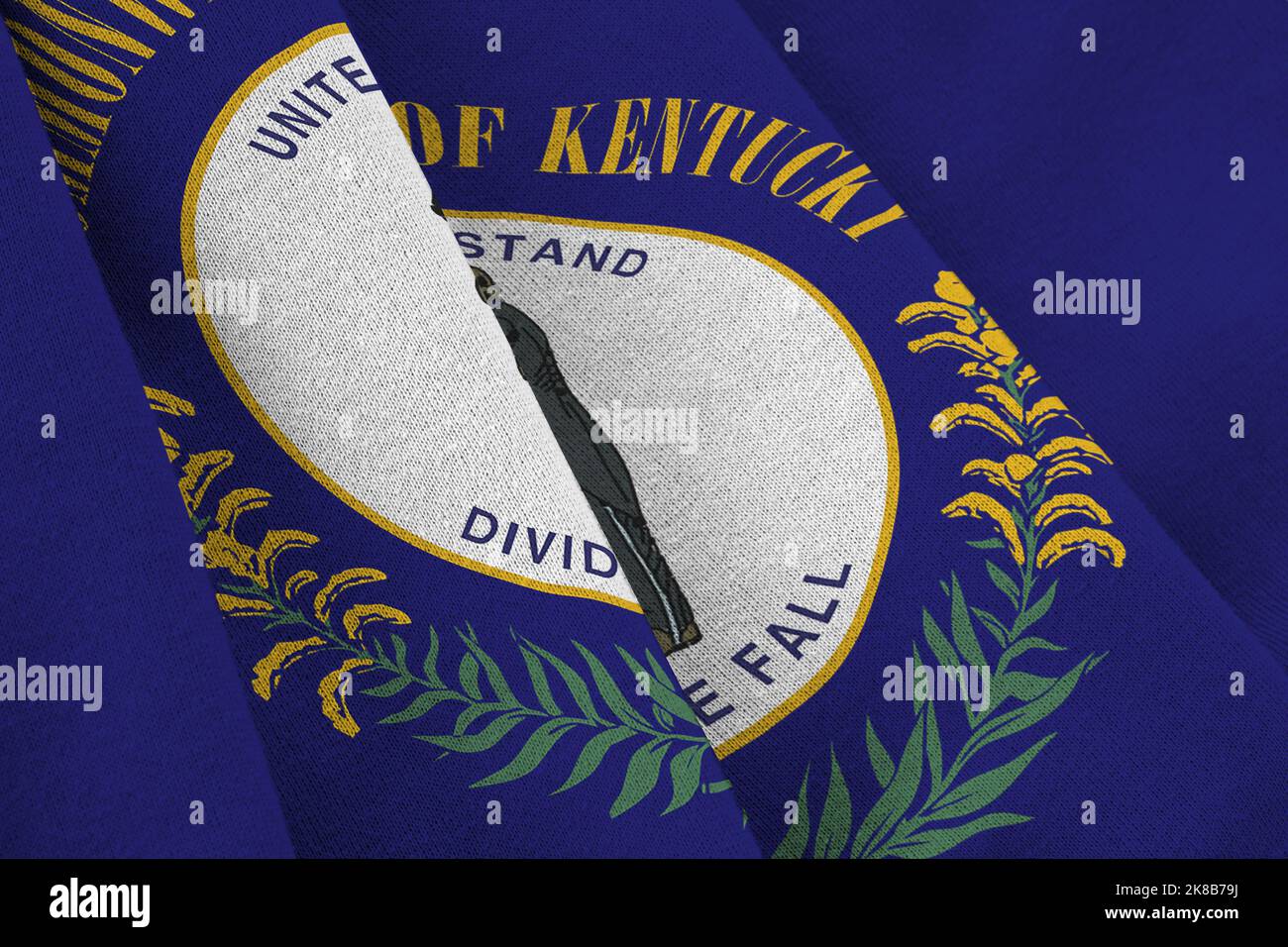 Kentucky US state flag with big folds waving close up under the studio ...