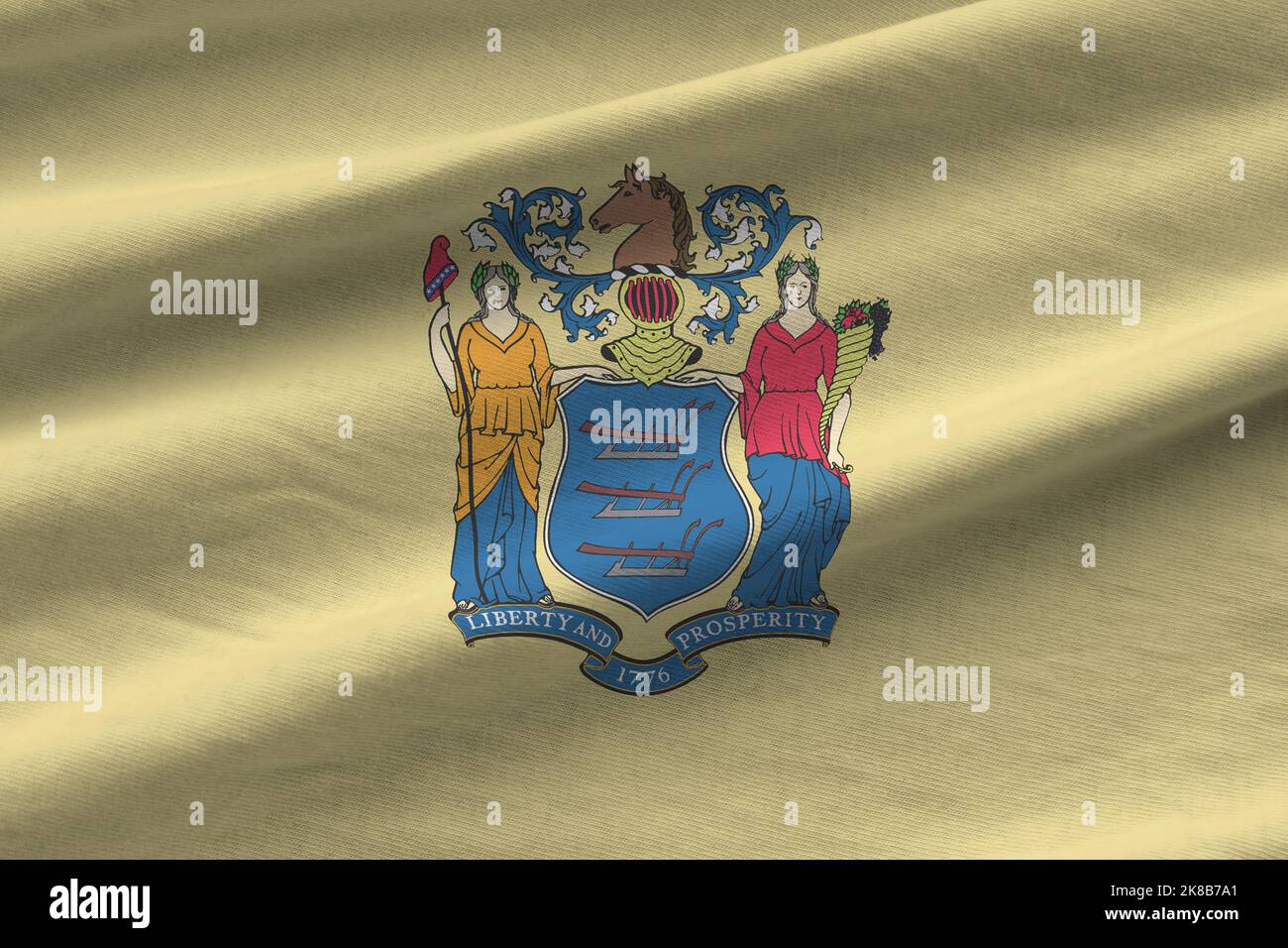 New Jersey US state flag with big folds waving close up under the ...