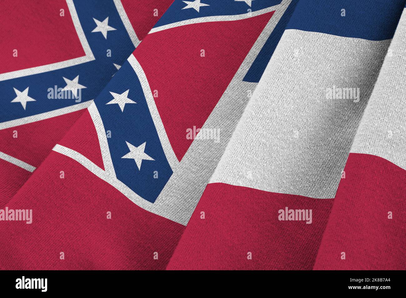 Mississippi new US state flag with big folds waving close up under the ...