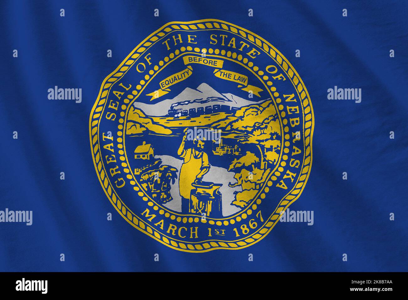 Nebraska US state flag with big folds waving close up under the studio ...