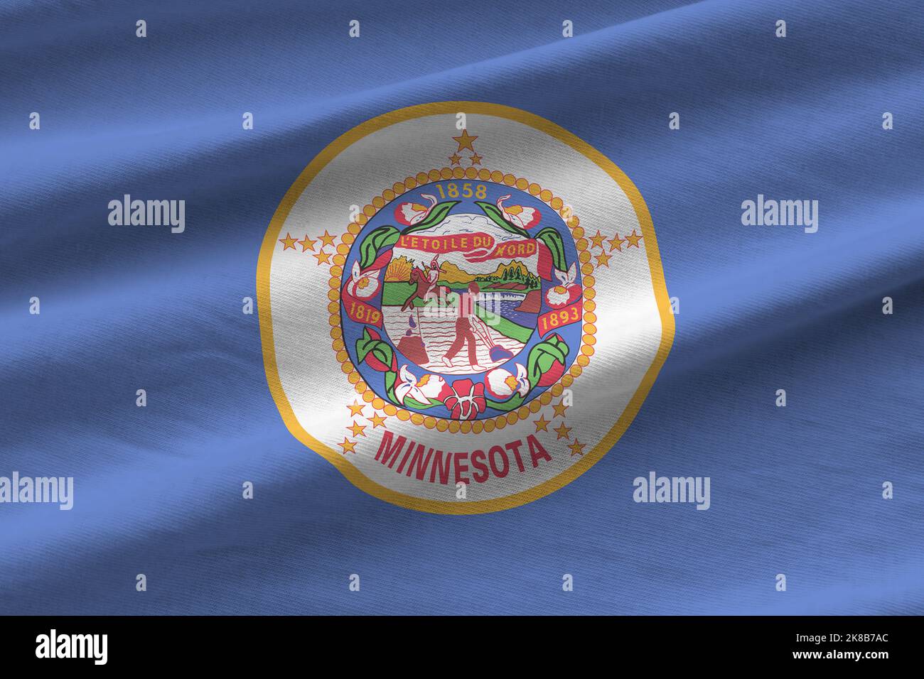 Minnesota US state flag with big folds waving close up under the studio ...