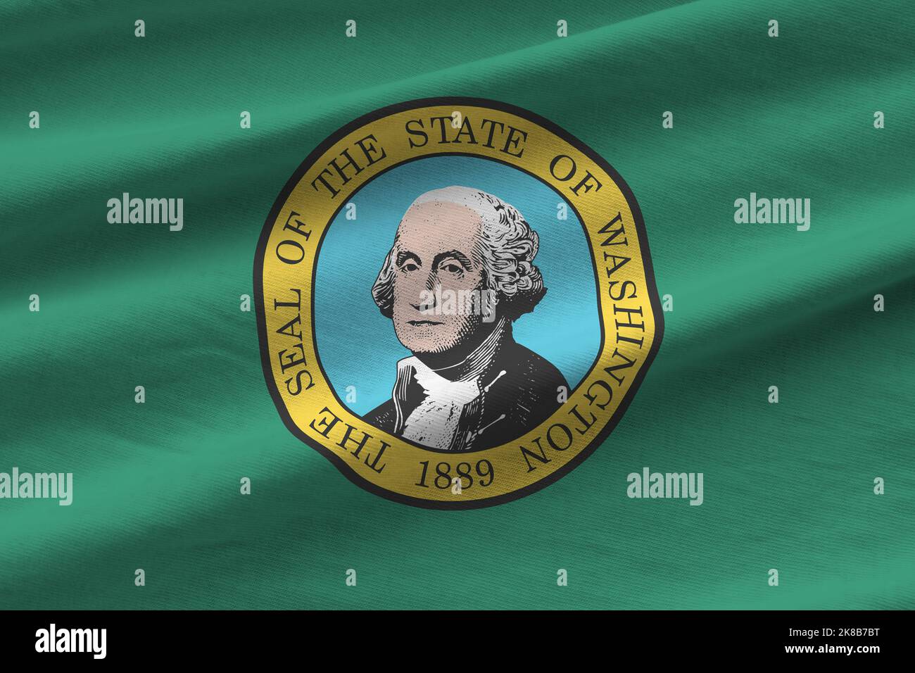Washington US state flag with big folds waving close up under the ...