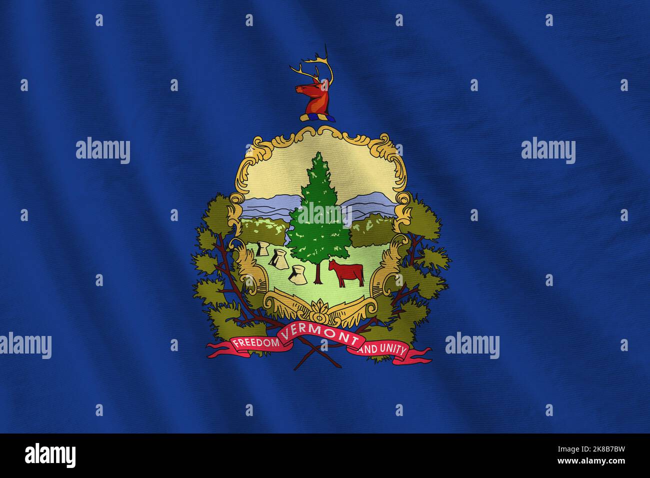 Vermont US state flag with big folds waving close up under the studio ...