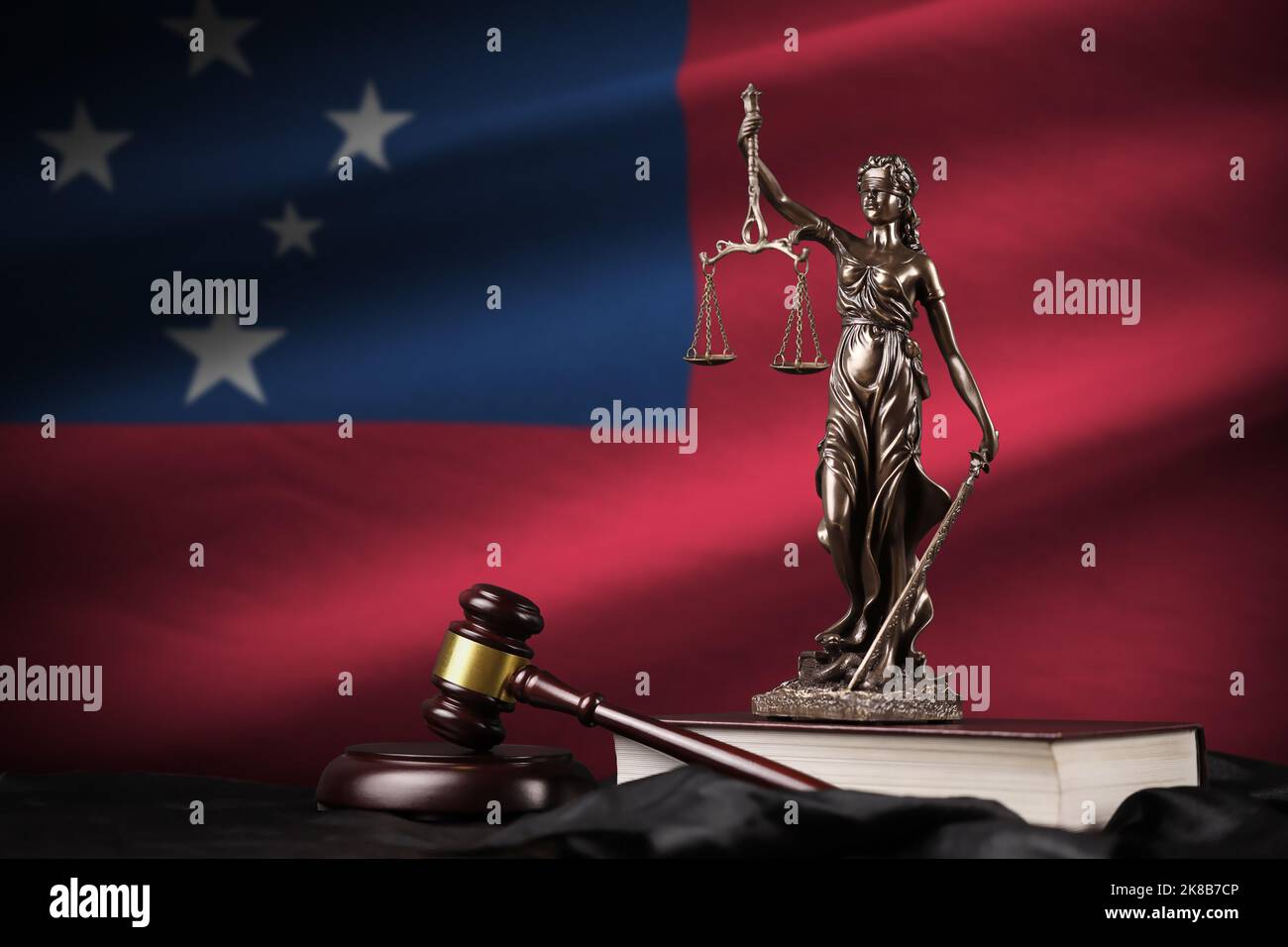 Samoa flag with statue of lady justice, constitution and judge hammer ...