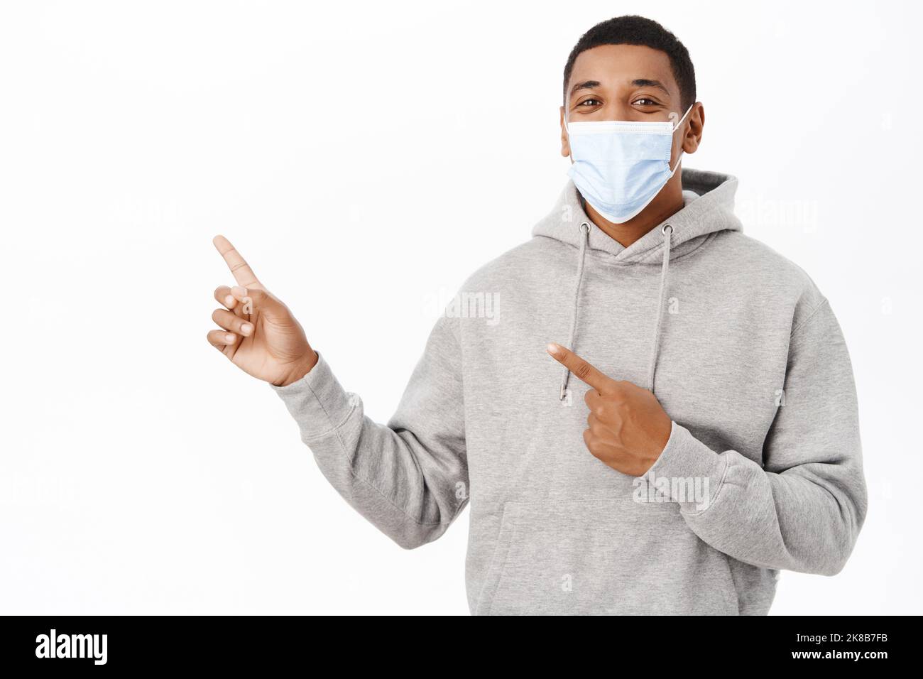 Covid awareness, healthcare concept. Portrait of african american guy ...