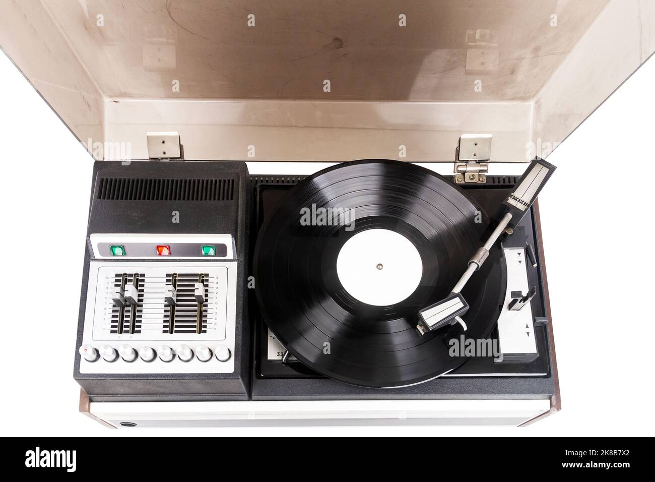 Vintage turntable record player with black vinyl isolated on white ...