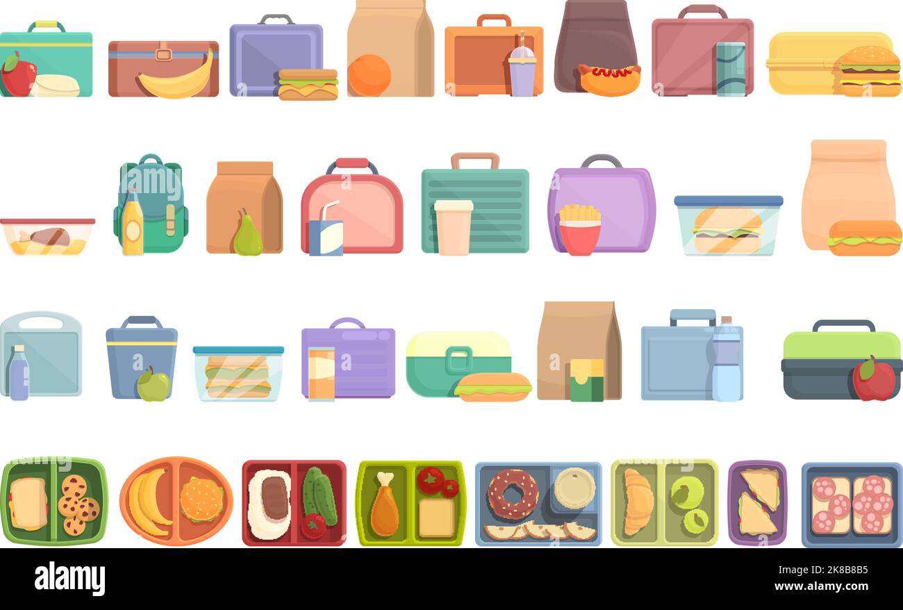 Kids lunch box icons set cartoon vector. Snack kid. Breakfast sandwich ...