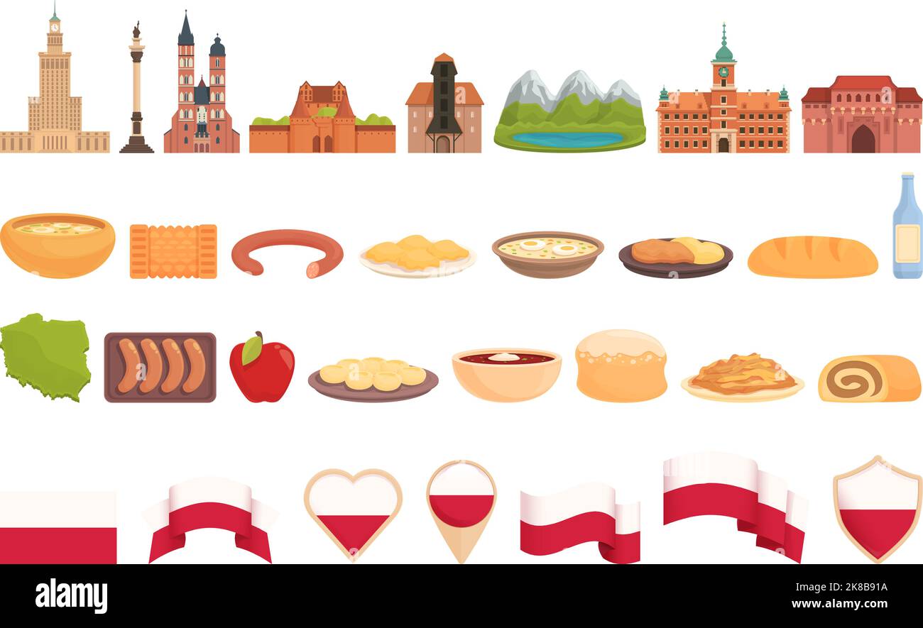 Poland icons set cartoon vector. Food country. Culture folk Stock ...