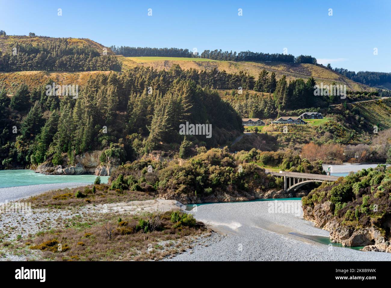 Stunning view of Rakaia Gorge Bridge and Rakaia River in inland ...
