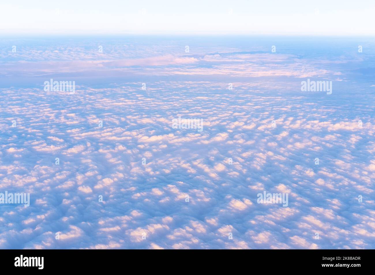 Background of a pink heavenly sky with fluffy dense clouds, top view ...