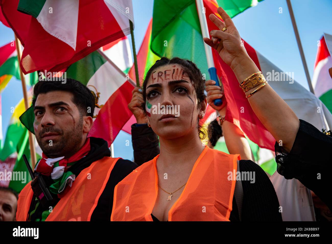Berlin, Germany. 22nd Oct, 2022. "Freedom" is written on the forehead ...