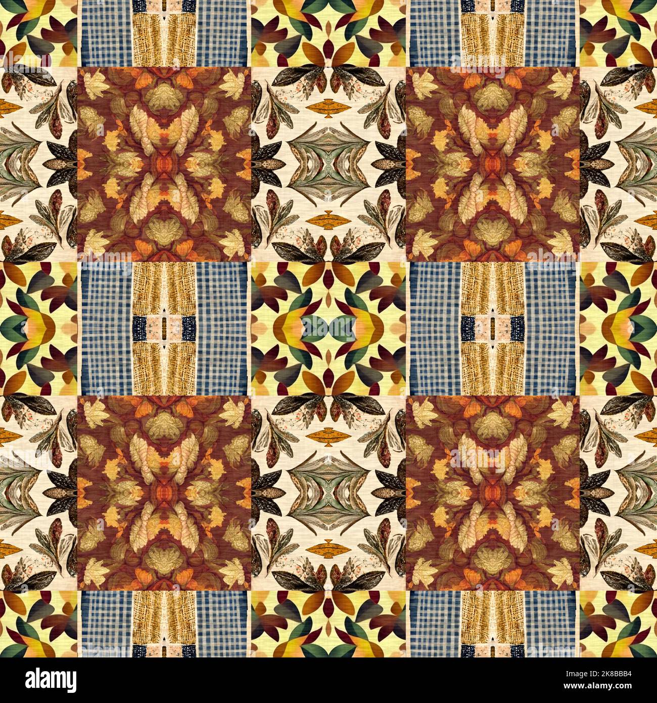 Autumn leaves woodland seamless pattern. Brown retro kaleidoscopic ...