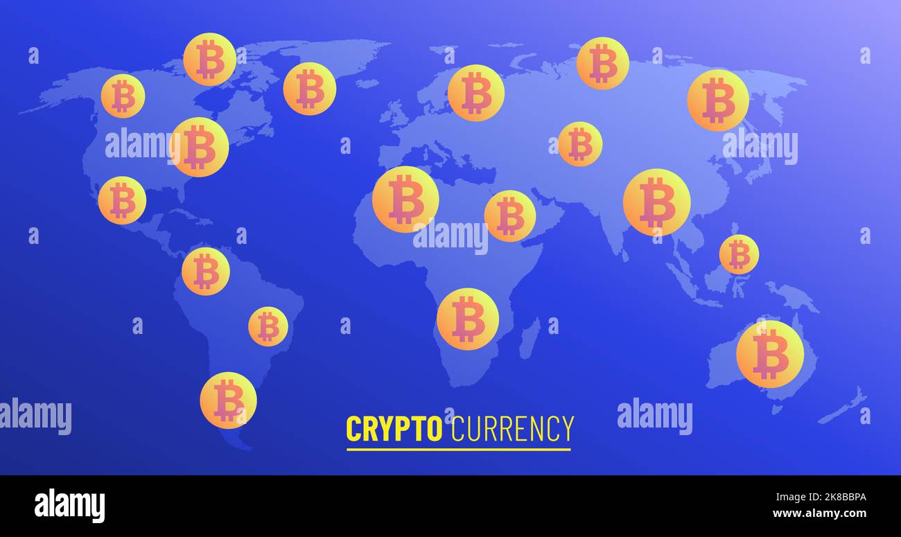 world map with bitcoin cryptocurrency. blue color gradient vector ...