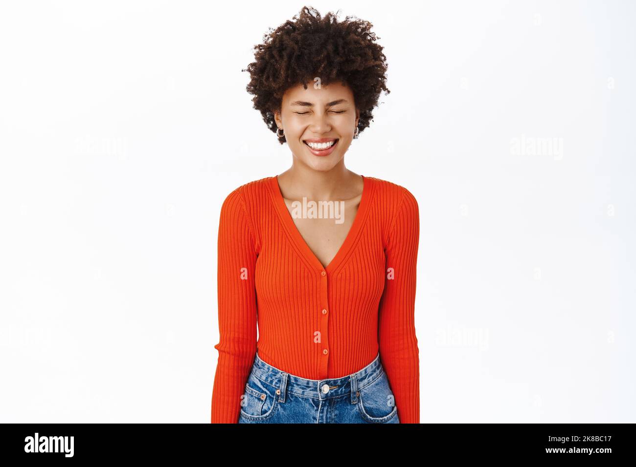 Beautiful dreamy girl fantasizing, feeling happy, close eyes and smile ...