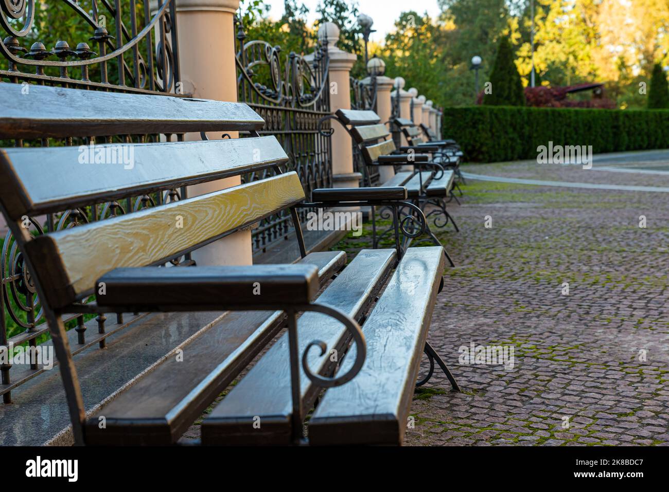wooden romantic bench in a quiet Park in summer with trees Stock Photo ...