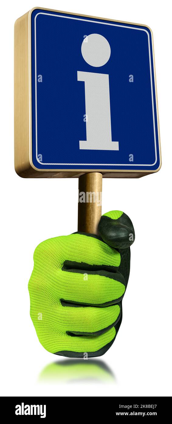 Hand with protective work glove, holding a blue tourist information ...