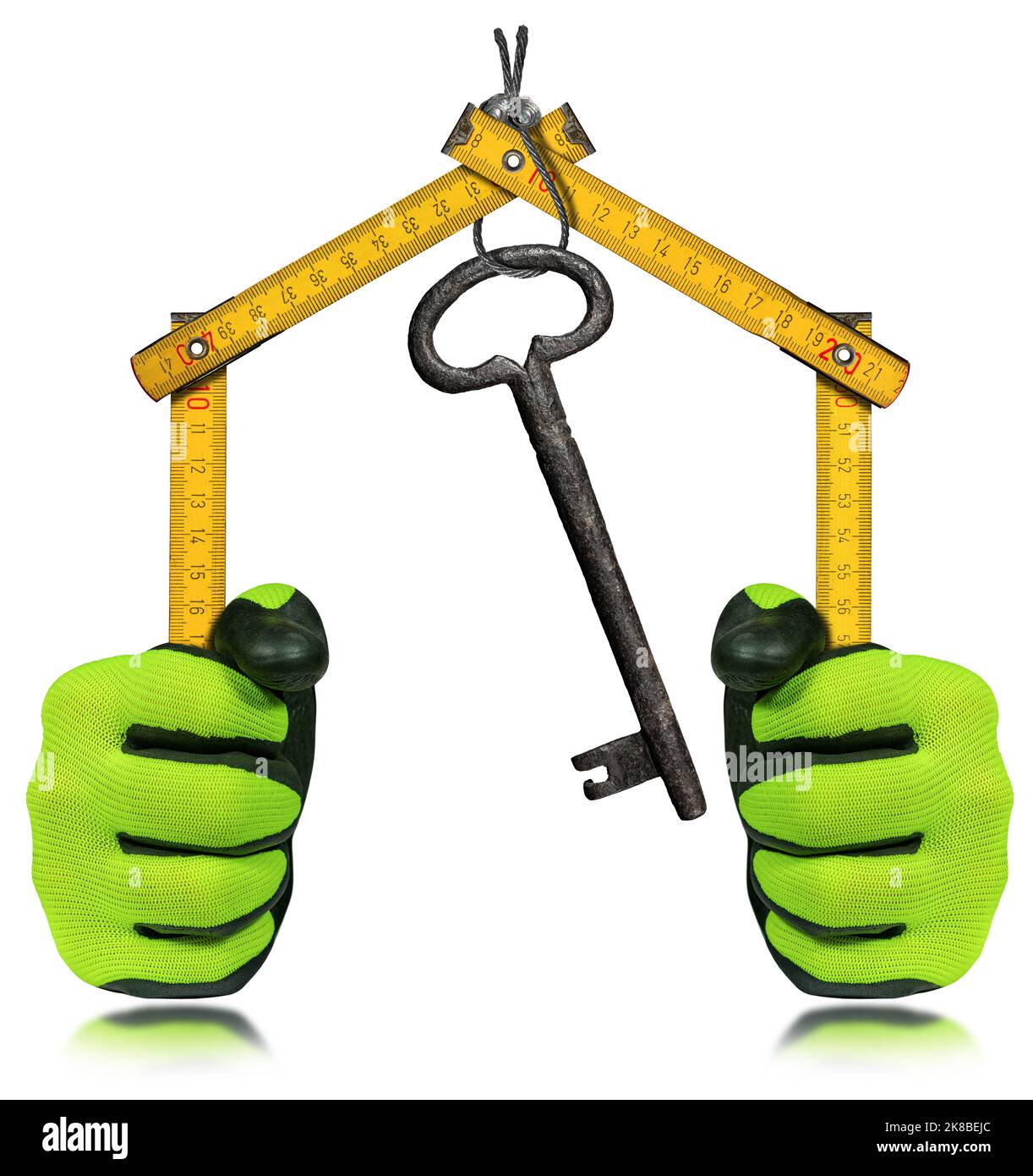 Close-up of two hands with work gloves holding a folding ruler in the ...