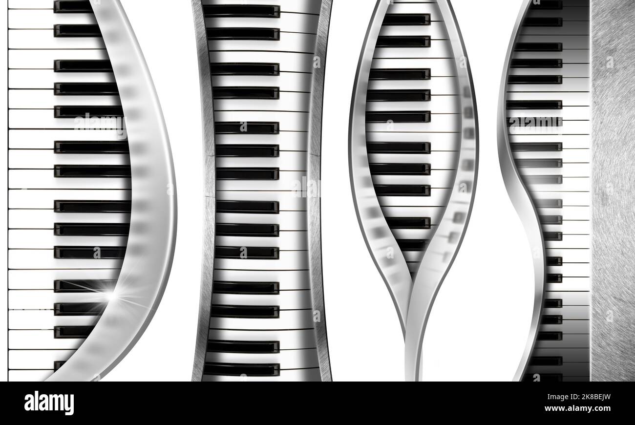 Collection of four piano keyboards with metal curve frames, isolated on ...
