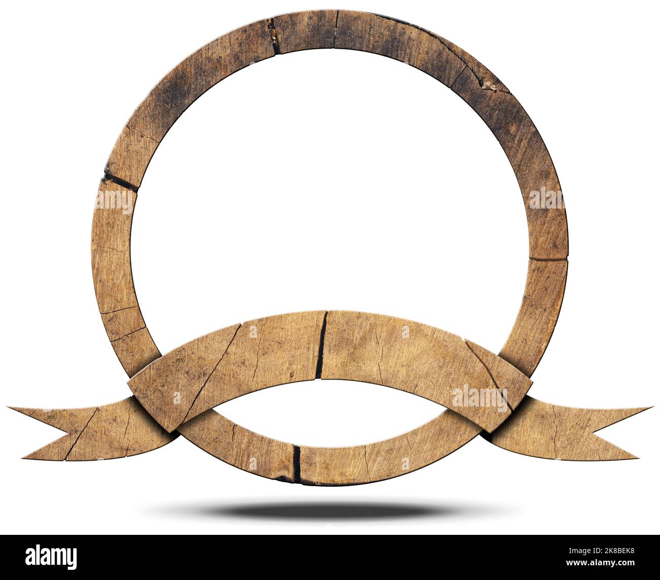 3D illustration of a round wooden icon or symbol with empty wood ribbon ...