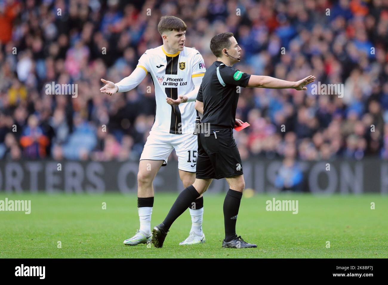 Livingston's Morgan Boyes is shown a red card during the cinch ...