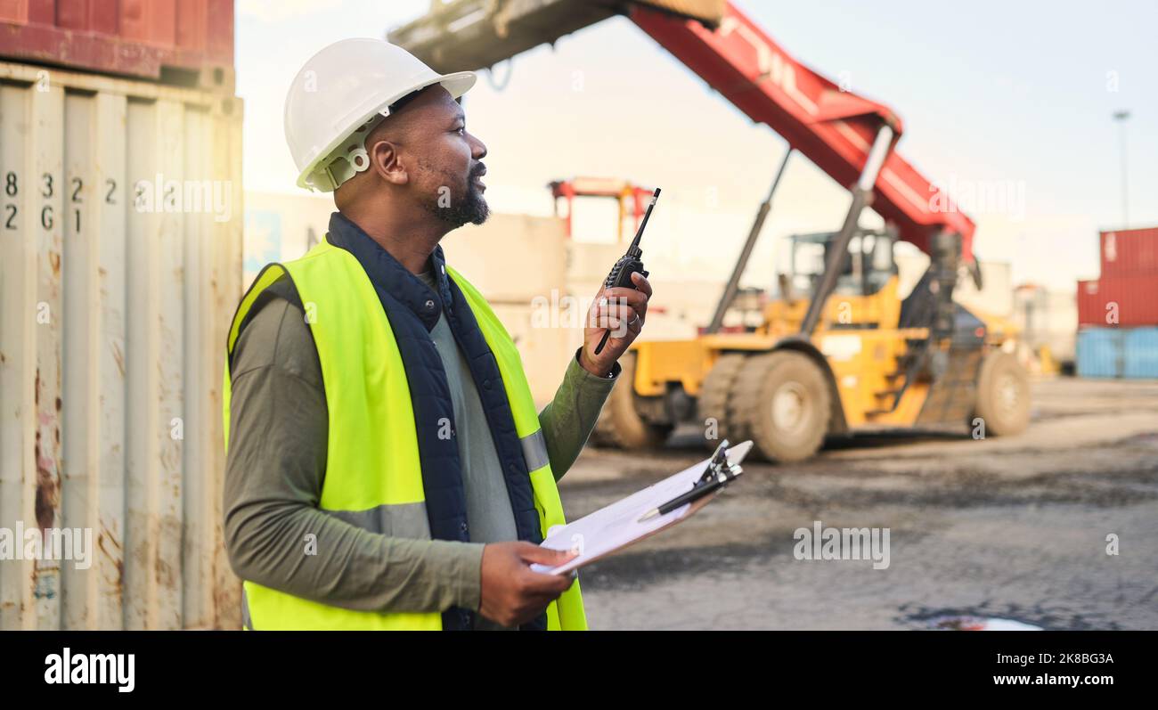Black man engineer, checklist and container manager planning ...