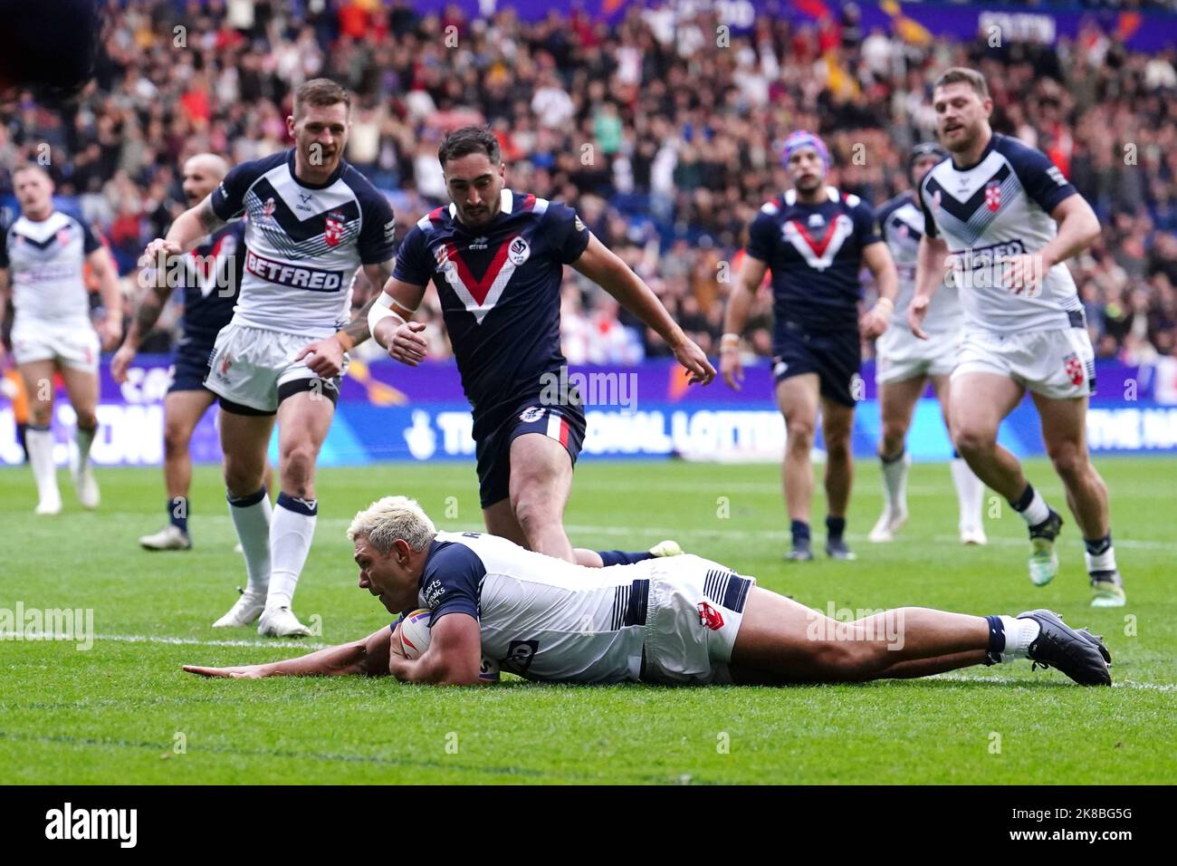 England's Ryan Hall scores a try during the Rugby League World Cup ...
